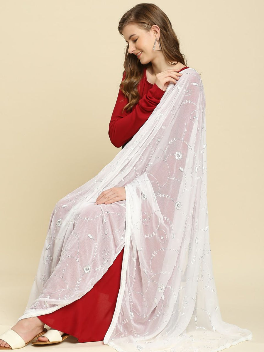 Floral Embroidered Chiffon Dupatta with Sequin Work – Dupatta Bazaar