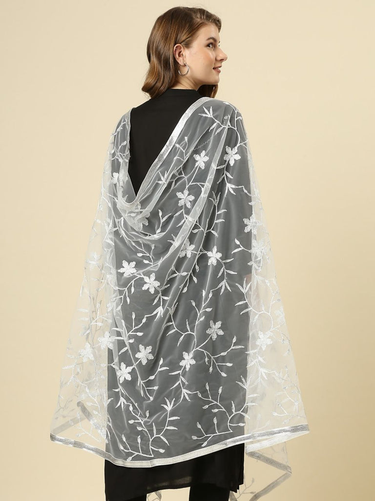Floral Jaal Embroidered Silver Net Dupatta – Dupatta Bazaar