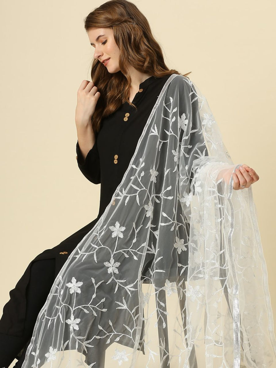 Floral Jaal Embroidered Silver Net Dupatta – Dupatta Bazaar