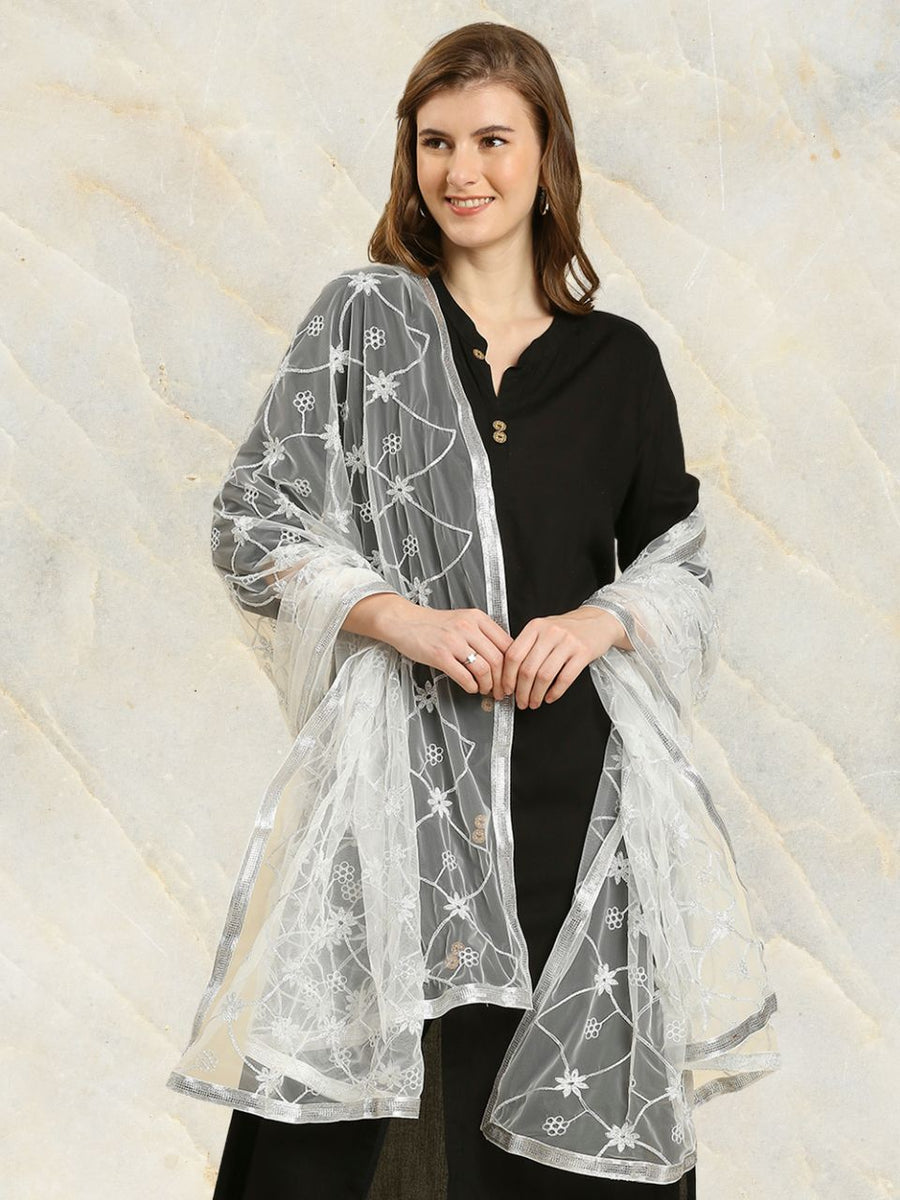 Floral Embroidered Silver Net Dupatta – Dupatta Bazaar