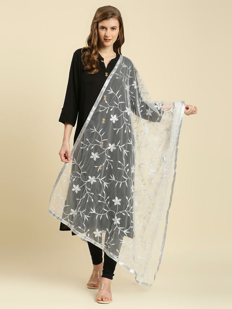 Floral Jaal Embroidered Silver Net Dupatta – Dupatta Bazaar