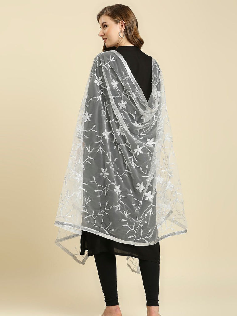 Floral Jaal Embroidered Silver Net Dupatta – Dupatta Bazaar
