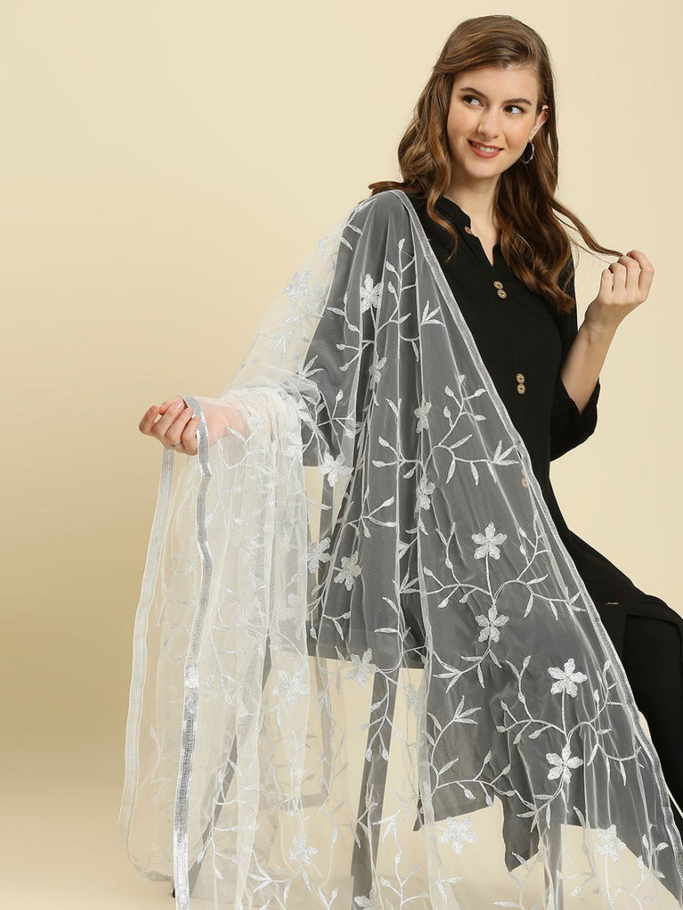 Floral Jaal Embroidered Silver Net Dupatta – Dupatta Bazaar
