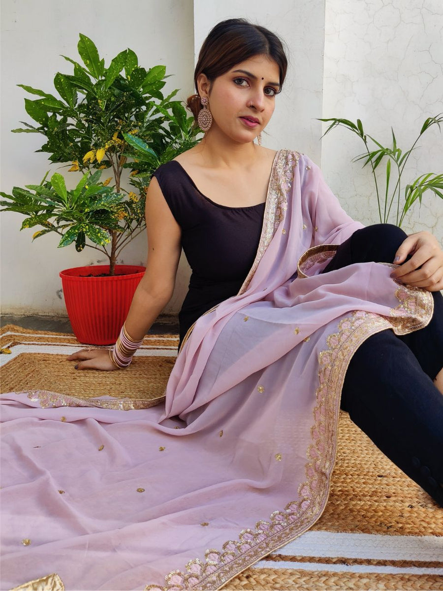 Georgette Dupatta with Elegant Gold Embroidery – Dupatta Bazaar