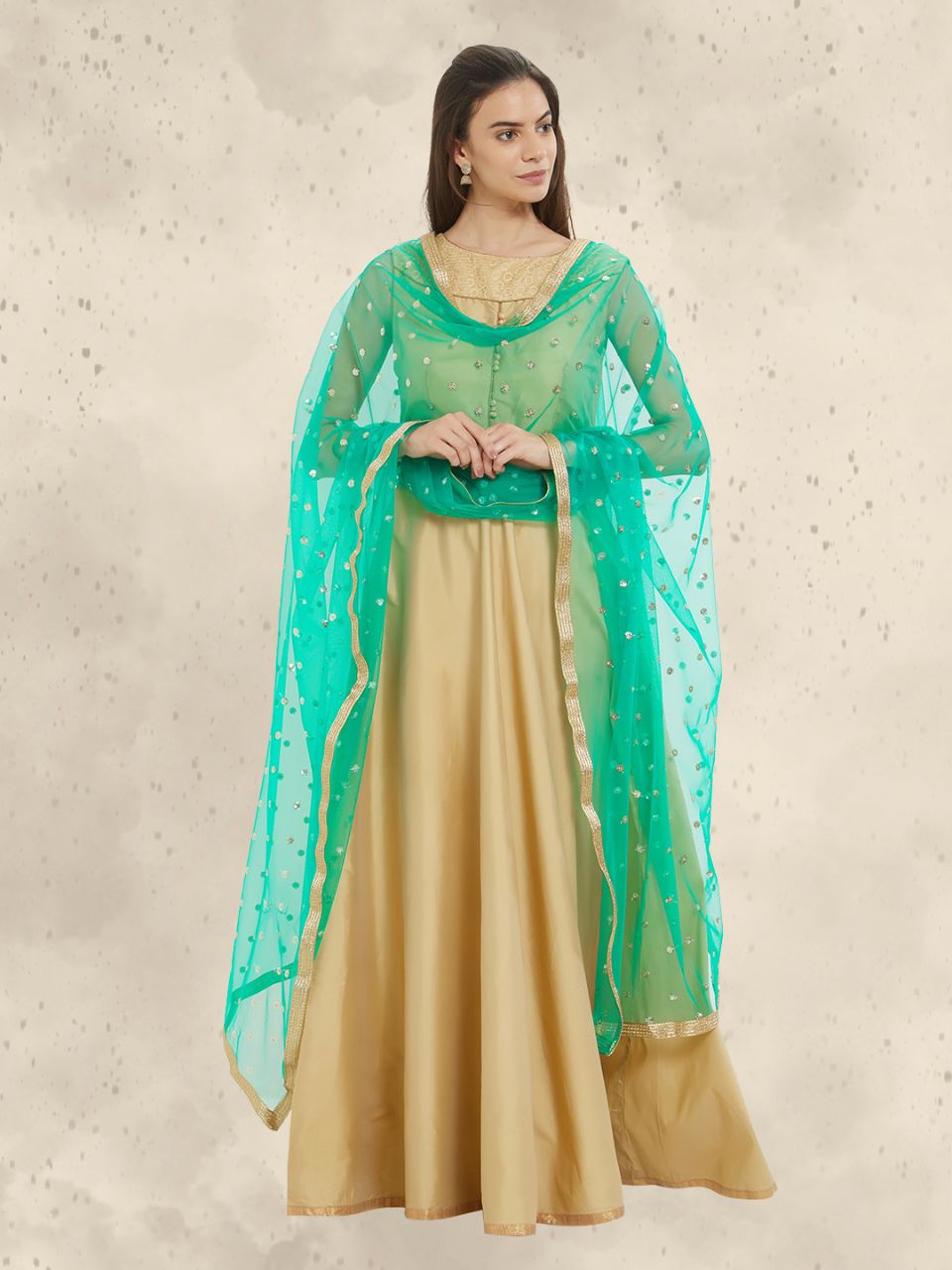 Embellished Green & Gold Net Dupatta Dupatta Bazaar