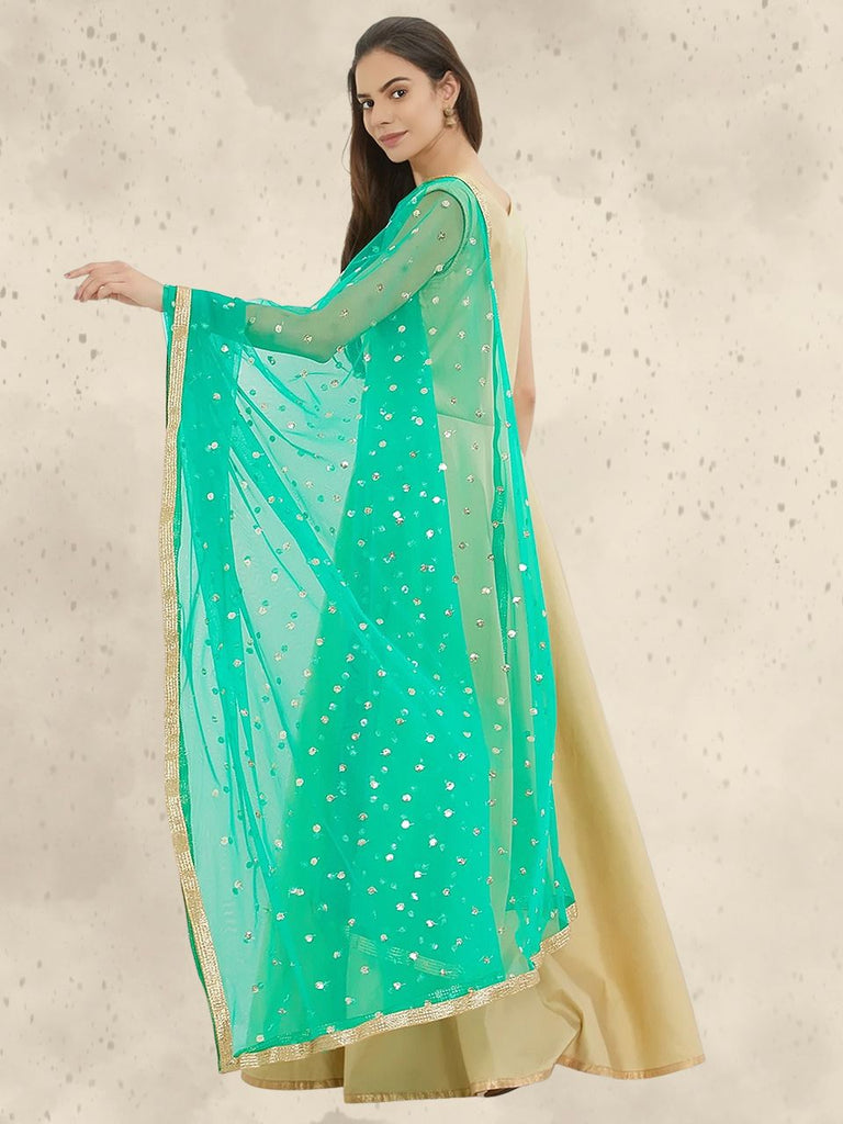 Embellished Green & Gold Net Dupatta Dupatta Bazaar