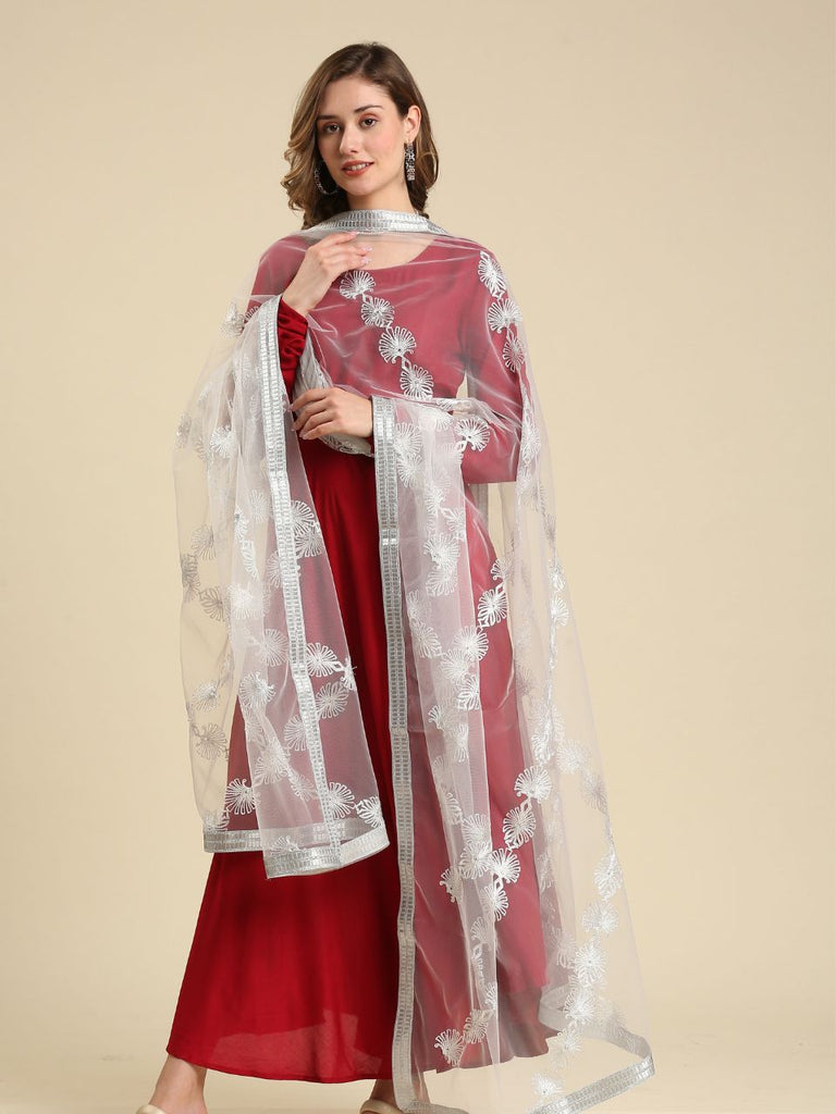 Floral Embroidered Silver Net Dupatta – Dupatta Bazaar