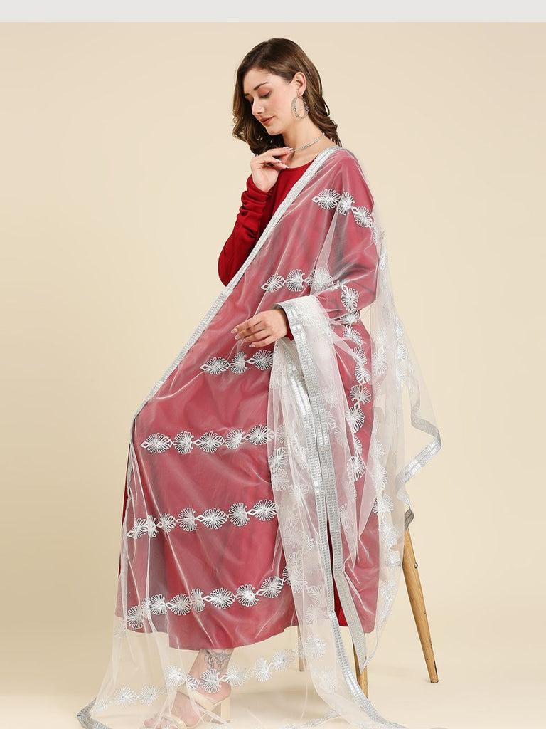 Floral Embroidered Silver Net Dupatta – Dupatta Bazaar