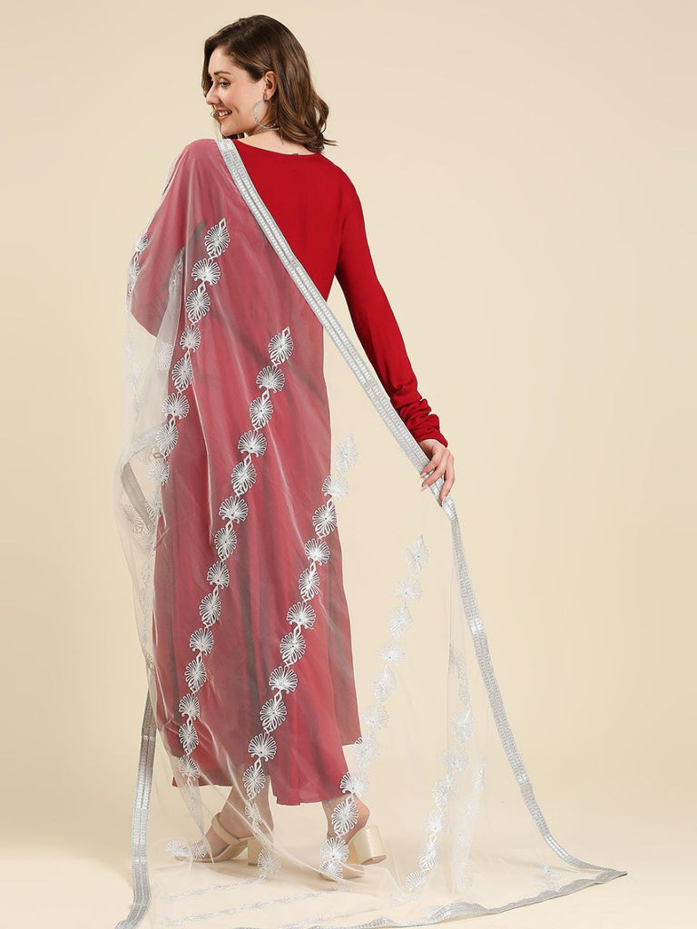 Floral Embroidered Silver Net Dupatta – Dupatta Bazaar