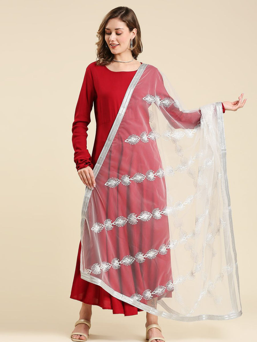 Floral Embroidered Silver Net Dupatta – Dupatta Bazaar