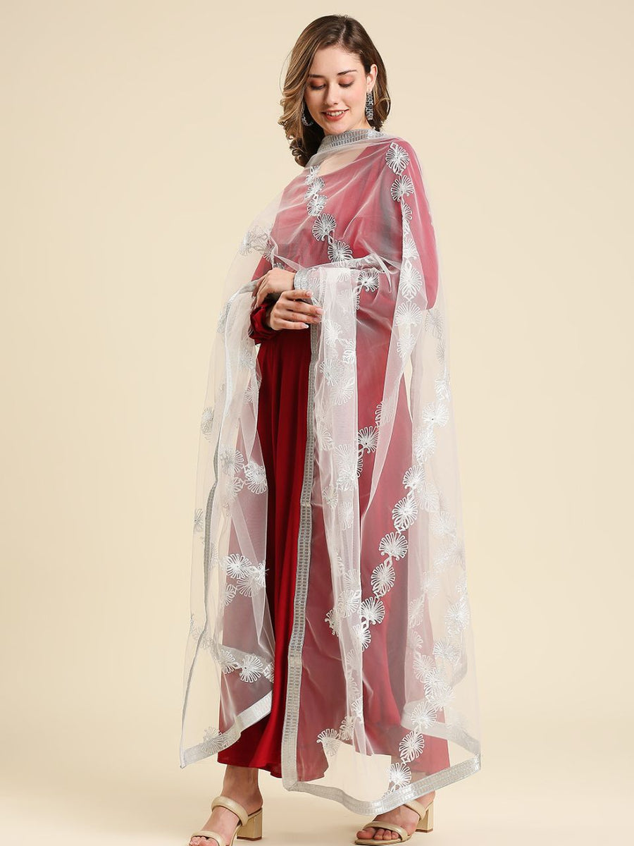 Floral Embroidered Silver Net Dupatta – Dupatta Bazaar