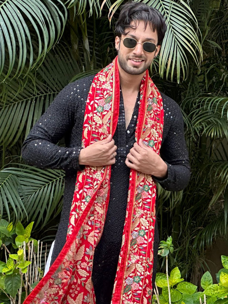 Men's Red Dupatta with Heavy Multicolour Embroidery for Kurta/Sherwani ...