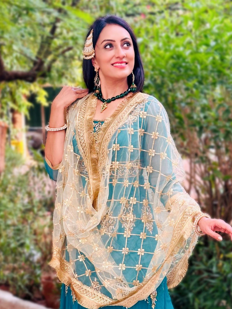 Pastel Green Embroidered Net Dupatta with Gold Sequins & Jhalar Border ...